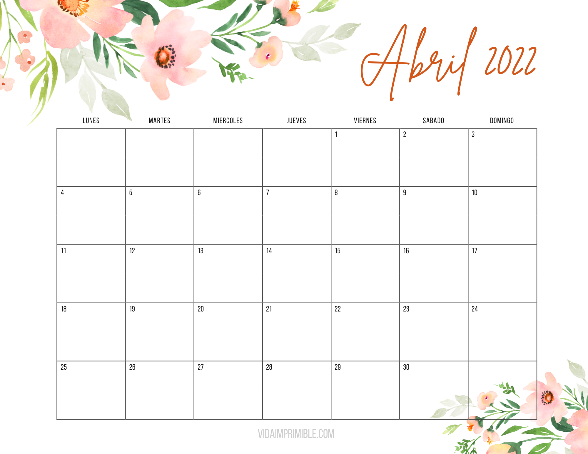 Calendarios de Abril 2022 para imprimir