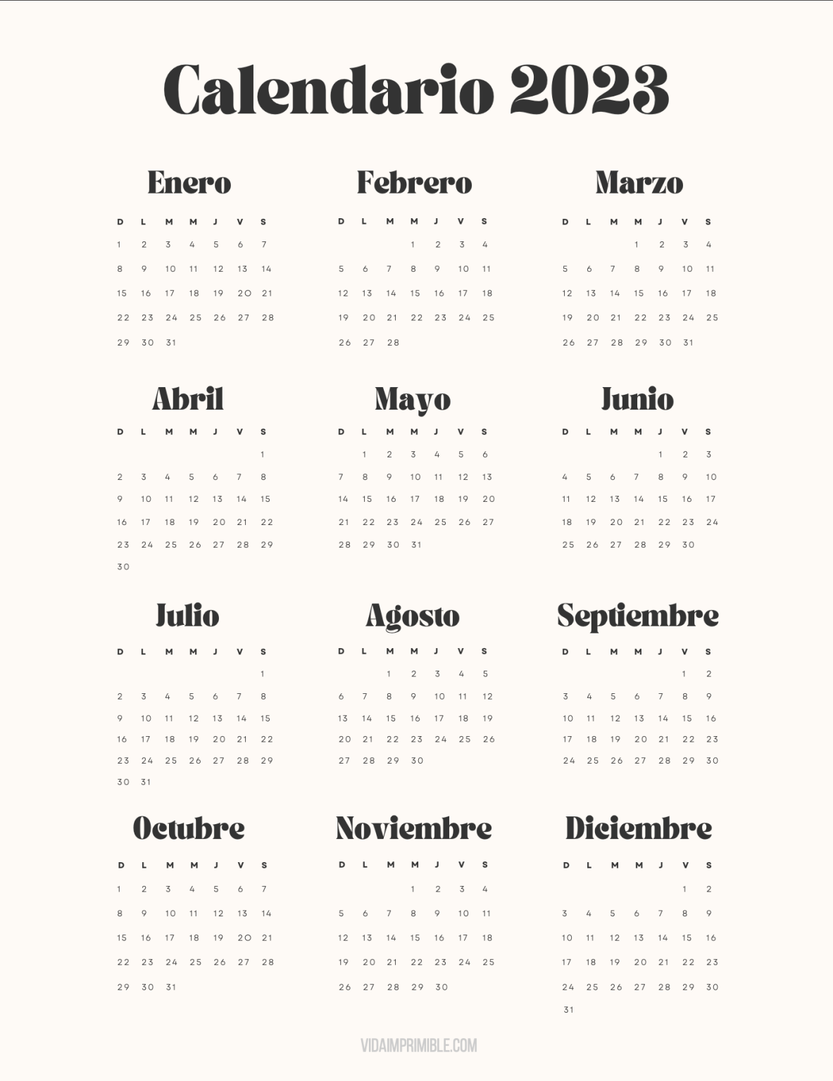 Calendario Anual 2023 inicio Domingo | Vida Imprimible