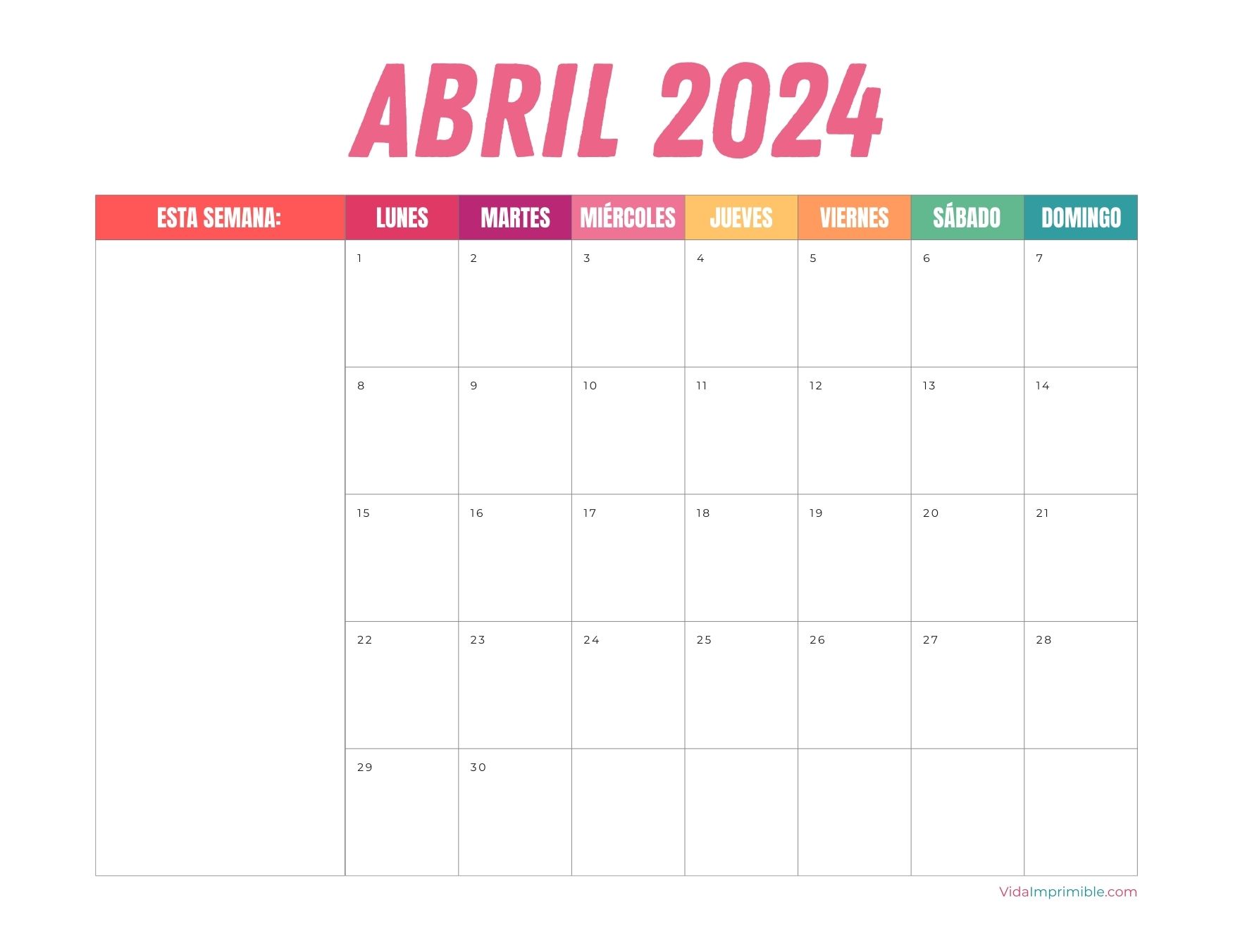 10+ PDF Calendarios de Abril 2024 para Imprimir