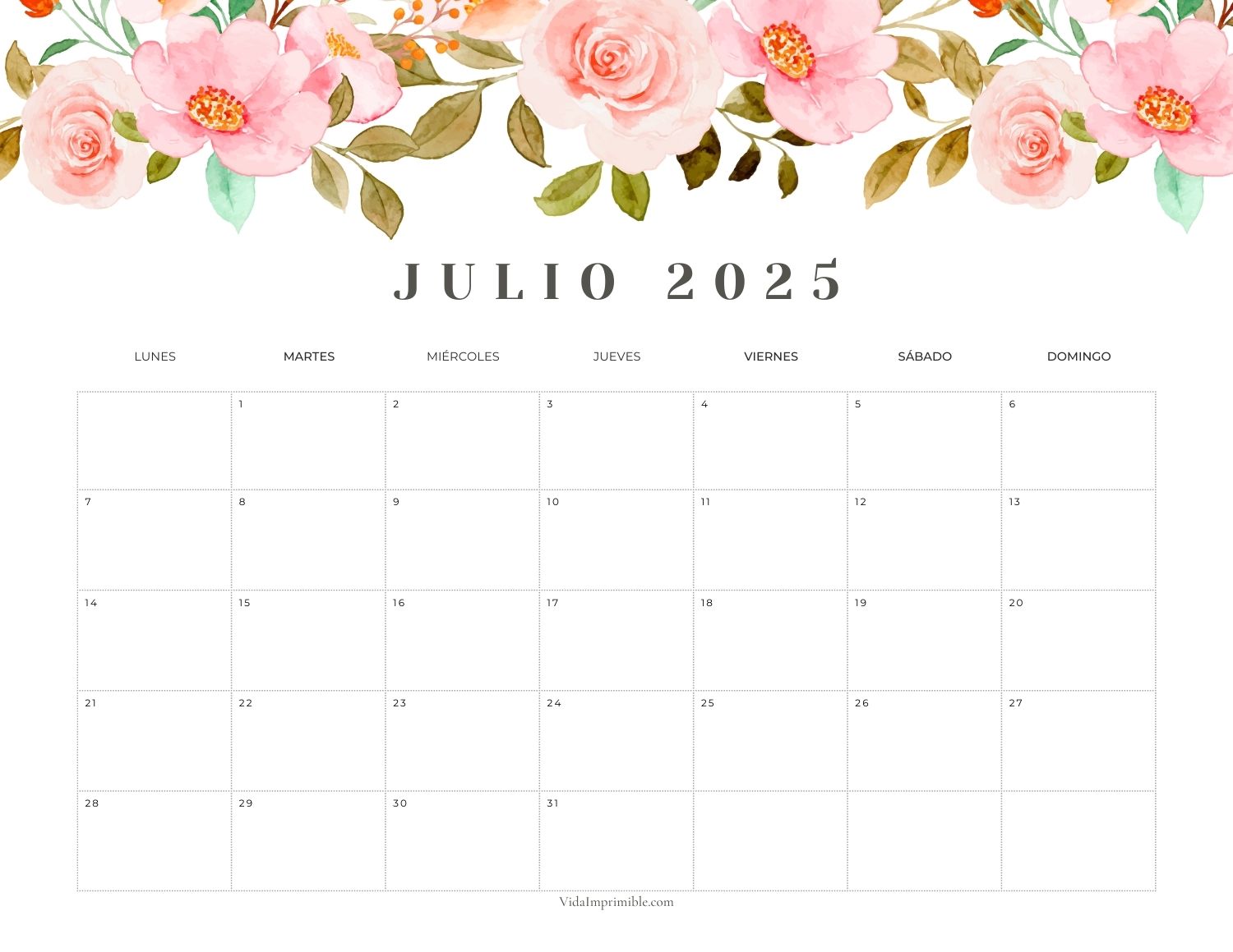 Lindos Calendarios 2025 para imprimir | Vida Imprimible